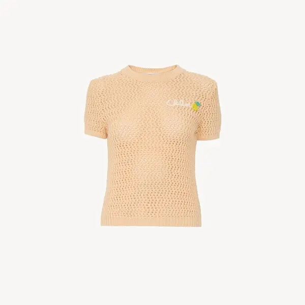 Chloé Short-sleeve Crochet Knit Sweater With Logo And Lemon Embroidery