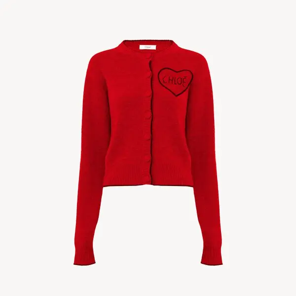 Chloé Fitted Logo Embroidered Wool & Cashmere Cardigan - Joy Red