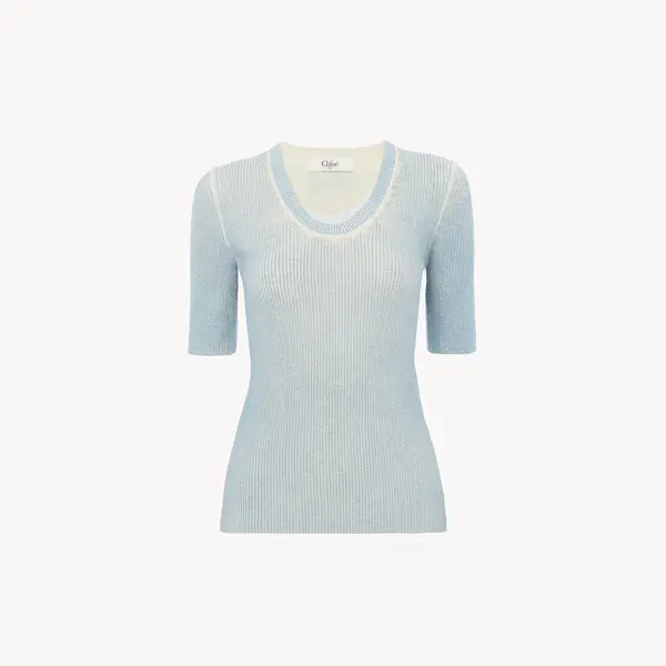 Chloé Ribbed Merino Wool Scoop Neck Short Sleeve Sweater