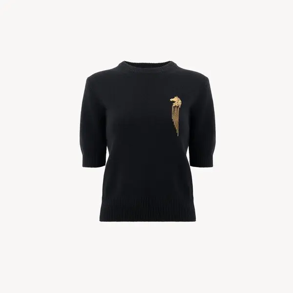 Chloé Short-sleeve Merino & Cashmere Wool Knit Sweater With Horse Brooch - Black