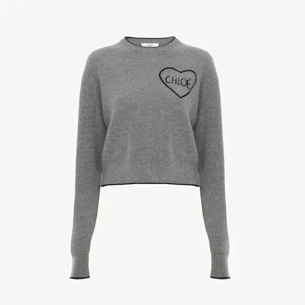 Chloé Cropped Fitted Wool Knit Sweater With Logo Embroidery - Divine Grey