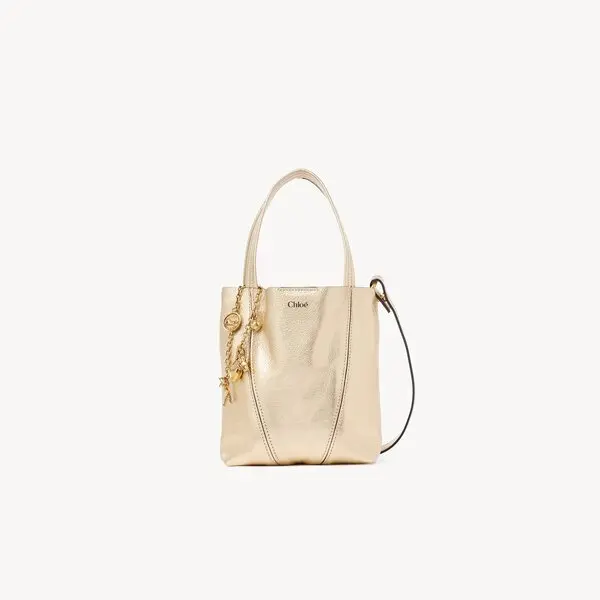 Chloé Small Spin Tote Bag In Metallized Leather With Horse Charms - Light Gold