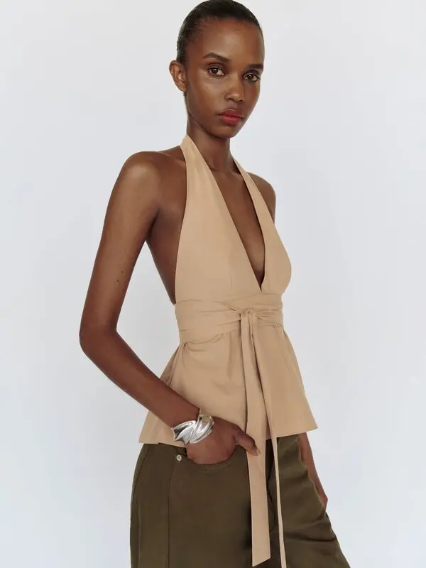 REFORMATION Naive Top Sleeveless V-neck Halter Top With Wrap Tie - Natural