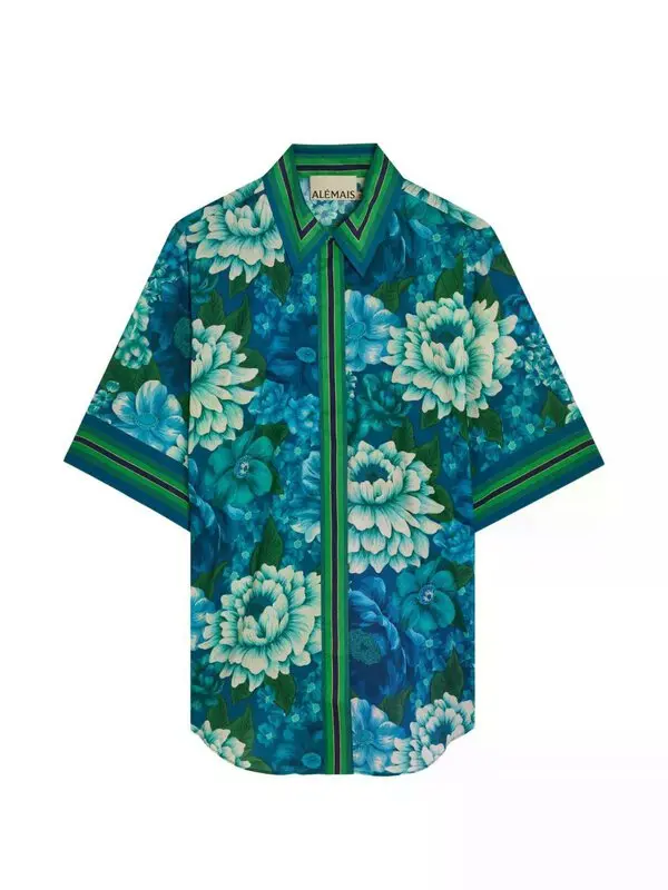 ALEMAIS Floral Print Striped Trim Shirt - Blue