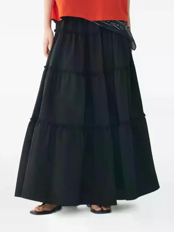 STUDIO TOMBOY Tiered Ruffled A-line Maxi Skirt - Black