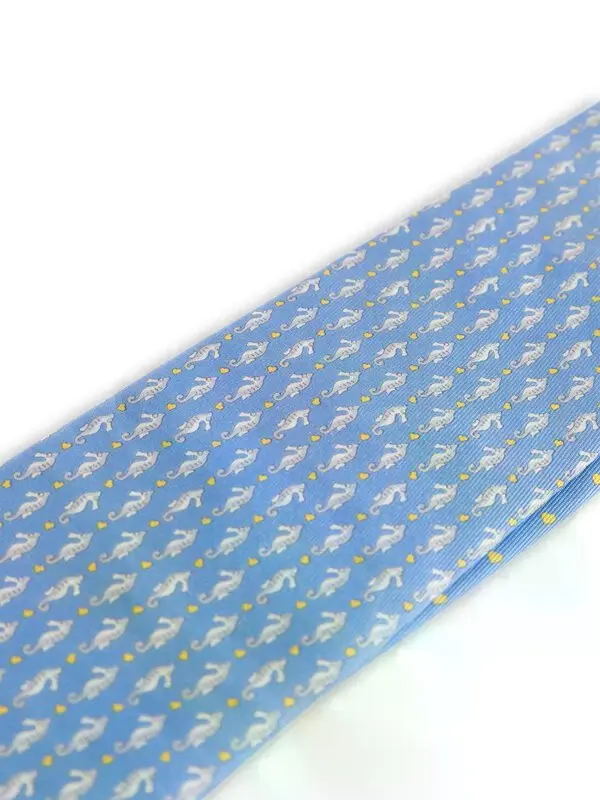 FERRAGAMO Silk Seahorse Print Neck Tie - Blue