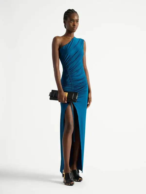 Balmain Long Draped Jersey Dress With Asymmetrical Shoulder And Front Slit