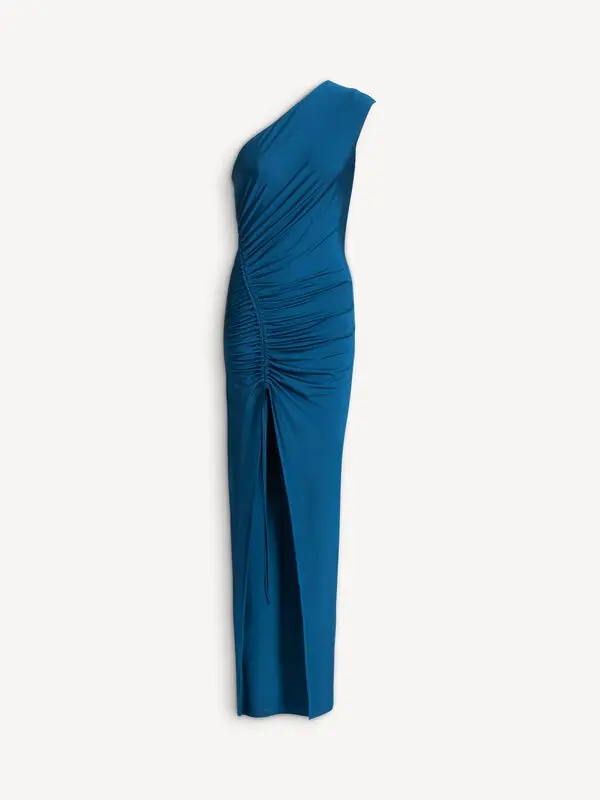 Balmain Long Draped Jersey Dress With Asymmetrical Shoulder And Front Slit
