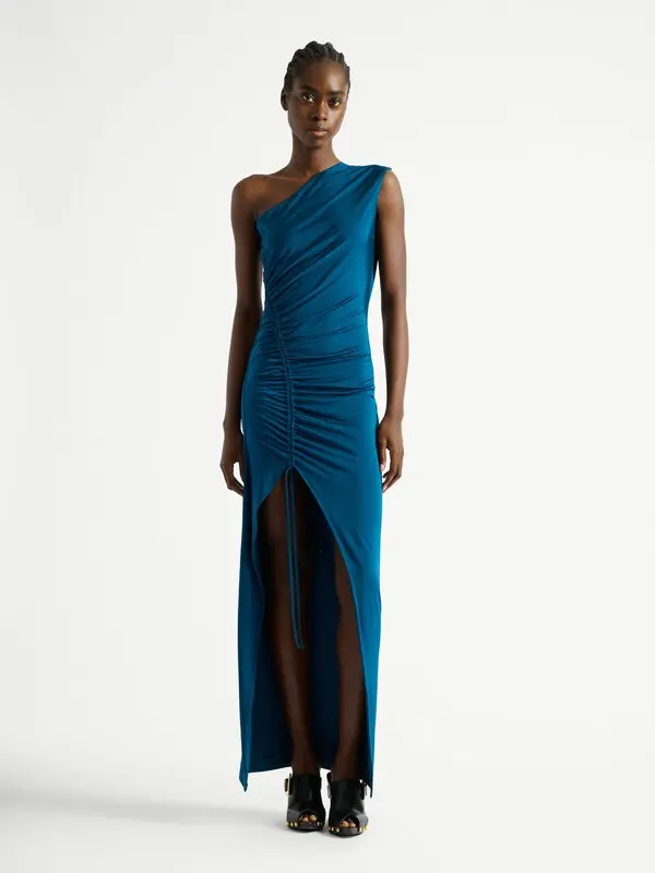 Balmain Long Draped Jersey Dress With Asymmetrical Shoulder And Front Slit