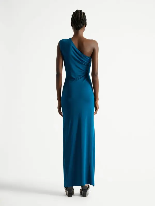 Balmain Long Draped Jersey Dress With Asymmetrical Shoulder And Front Slit