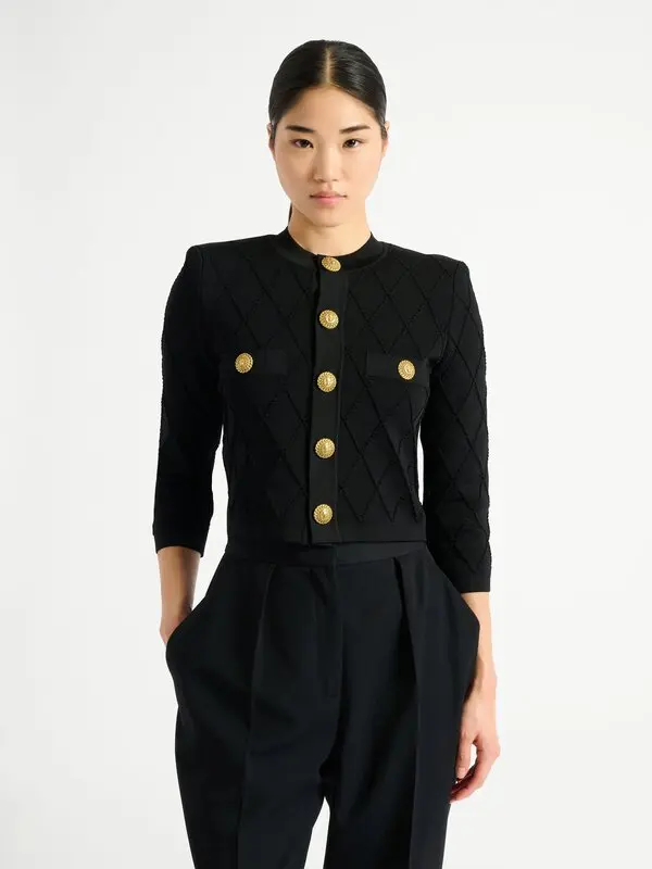 Balmain Cropped Quilted Knit Cardigan