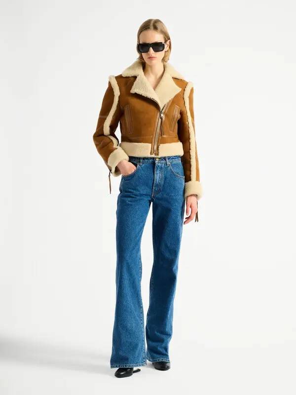 Balmain Two-tone Shearling Biker Jacket - Brown