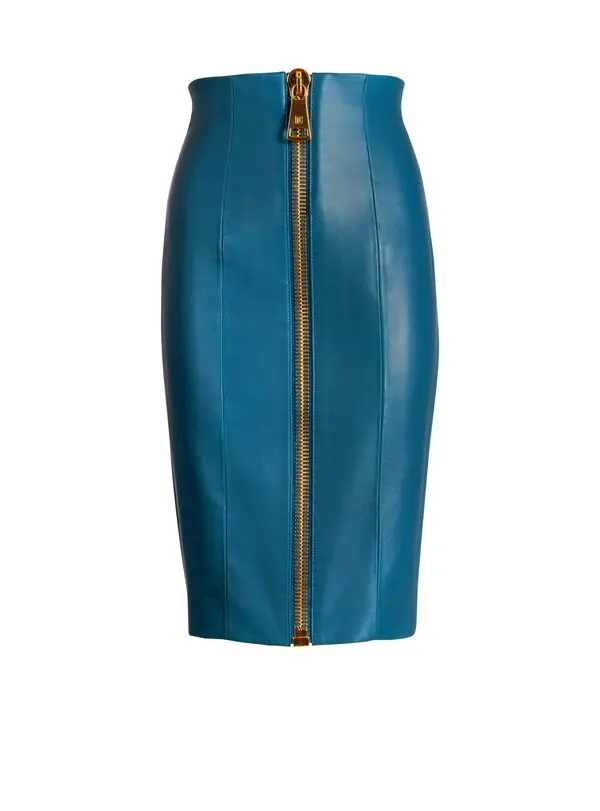 Balmain High-waisted Lambskin Leather Pencil Skirt With Oversized Gold Zip