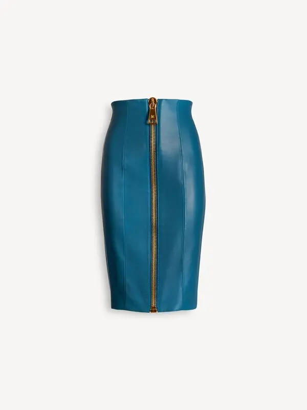 Balmain High-waisted Lambskin Leather Pencil Skirt With Oversized Gold Zip - Blue