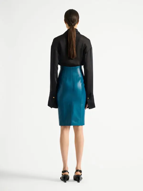 Balmain High-waisted Lambskin Leather Pencil Skirt With Oversized Gold Zip - Blue