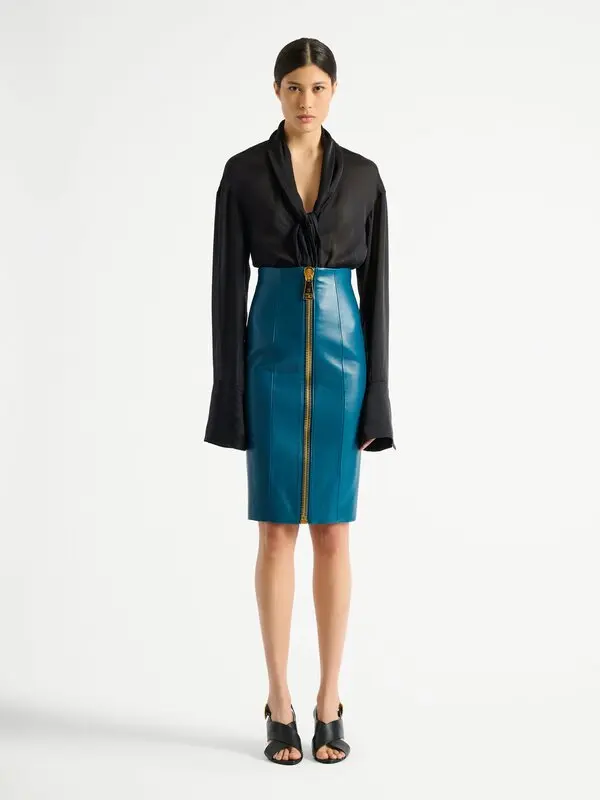 Balmain High-waisted Lambskin Leather Pencil Skirt With Oversized Gold Zip - Blue