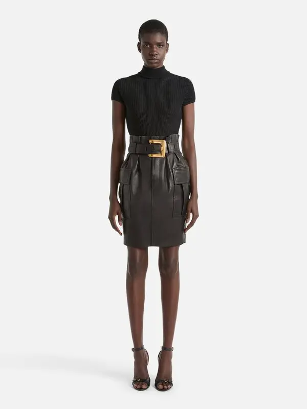 Balmain High-waisted Belted Leather Midi Skirt