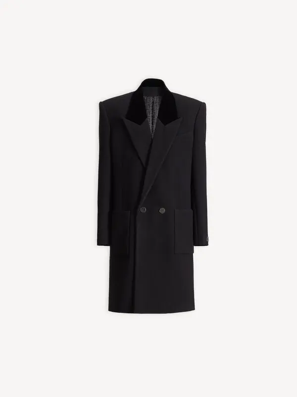 Balmain Long Wool And Velvet Peak Lapel Coat