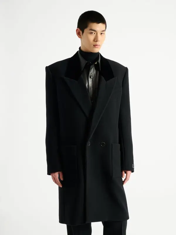 Balmain Long Wool And Velvet Peak Lapel Coat