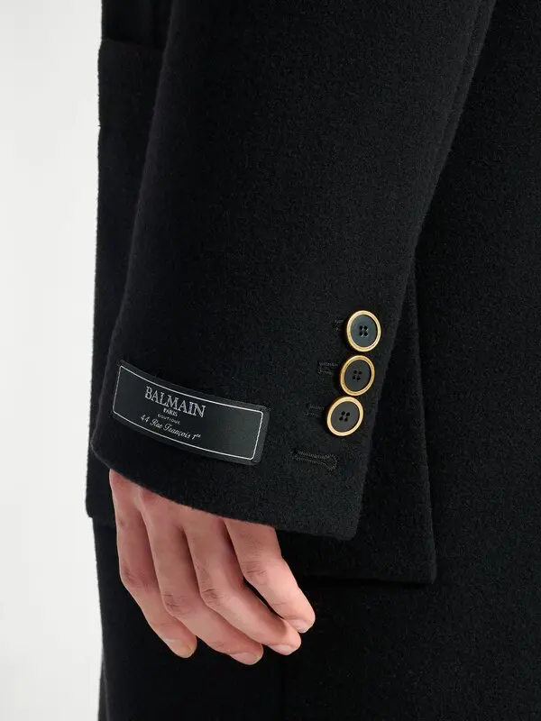 Balmain Long Wool And Velvet Peak Lapel Coat
