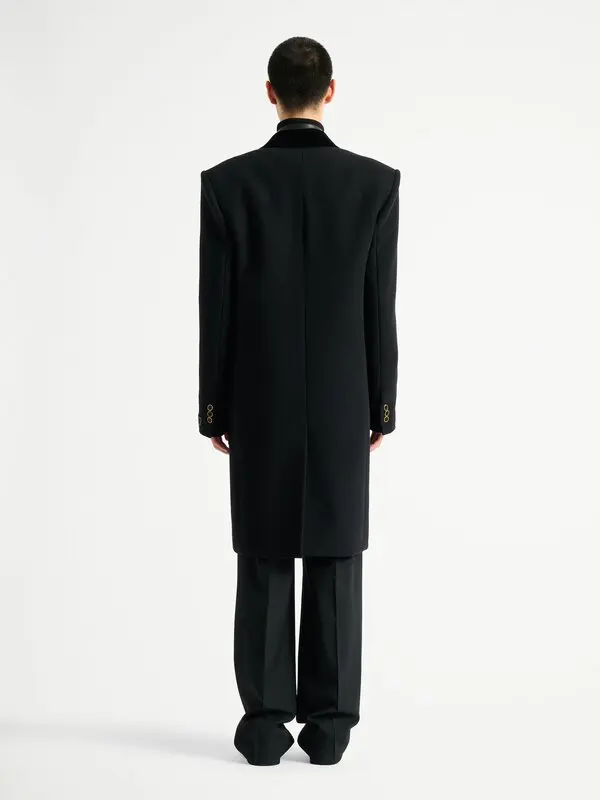 Balmain Long Wool And Velvet Peak Lapel Coat