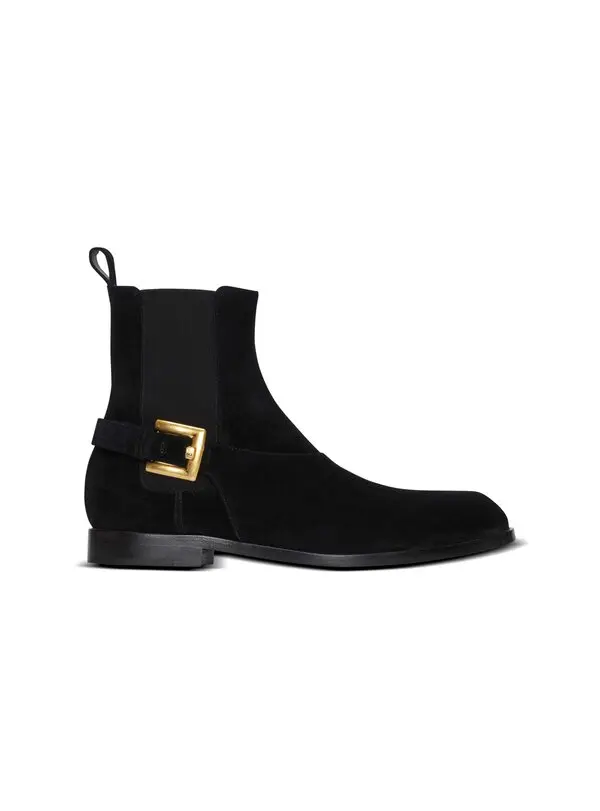 Balmain Suede Leather Anthem Chelsea Boots With Gold Buckle - Black