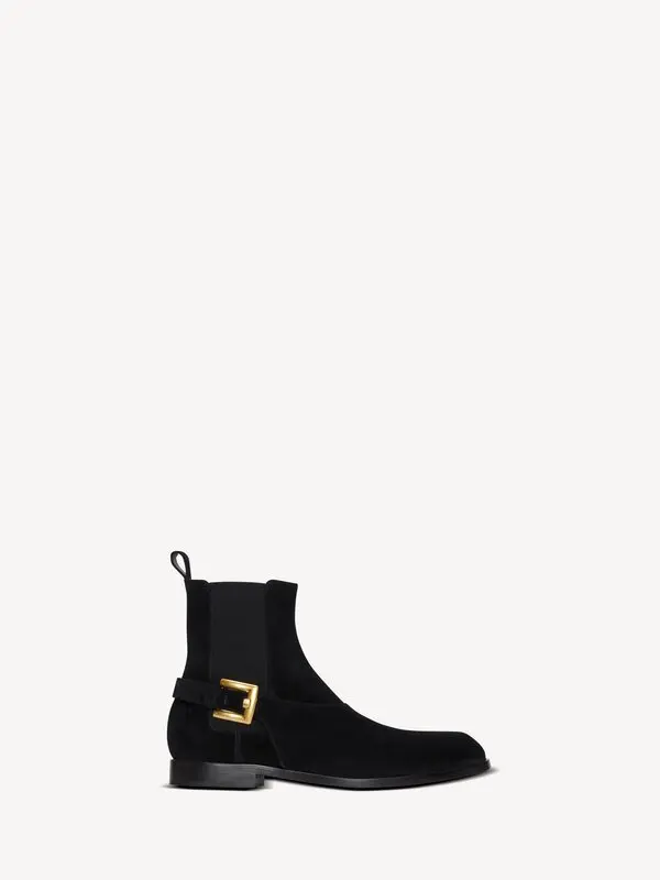 Balmain Suede Leather Anthem Chelsea Boots With Gold Buckle - Black