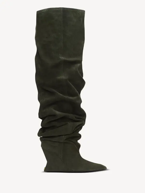 Balmain Suede Leather Wedge Thigh-high Boots - Khaki