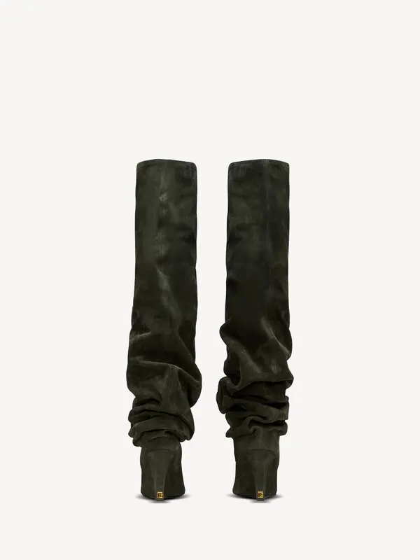 Balmain Suede Leather Wedge Thigh-high Boots - Khaki