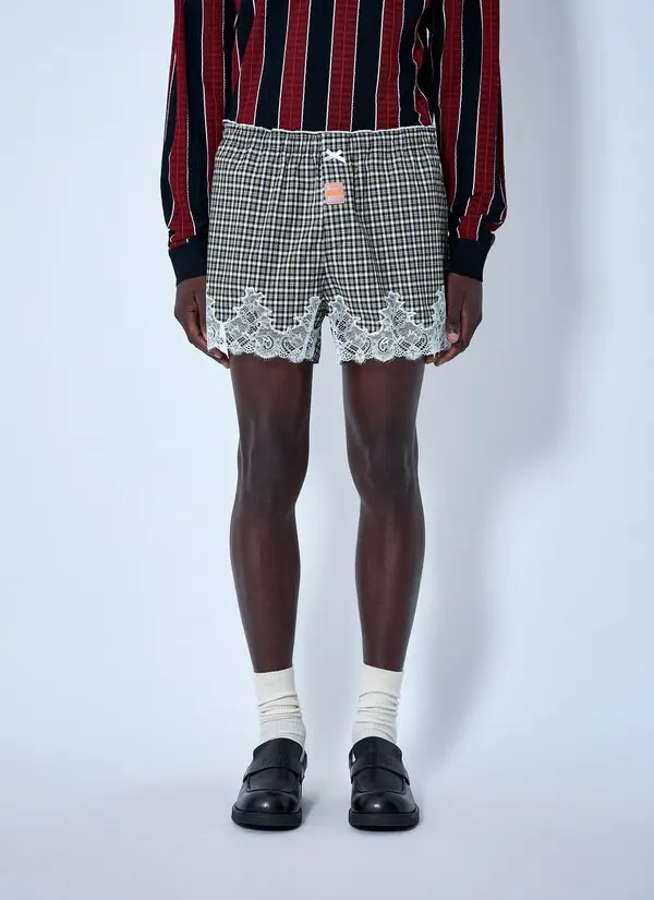 Martine Rose Checkered Shorts With Lace Trim - Brown