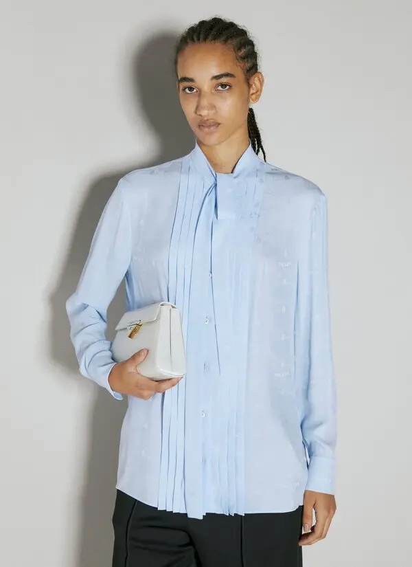 Prada Logo Jacquard Silk Shirt With Pussy Bow - Blue
