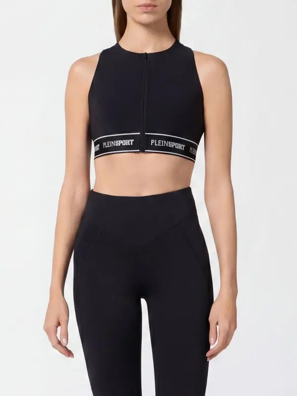 PLEIN SPORT Zip-up High Neck Sports Top - Black