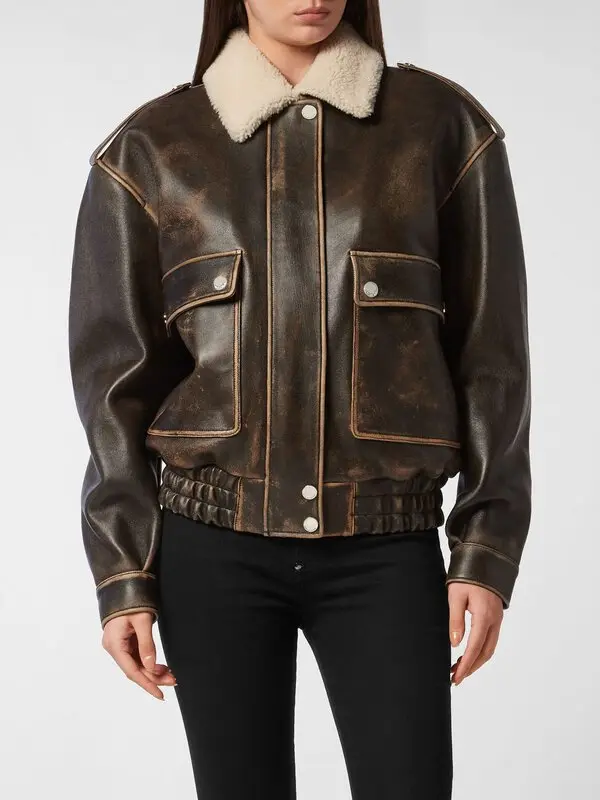 Philipp Plein Distressed Leather Jacket With Fur Collar - Brown