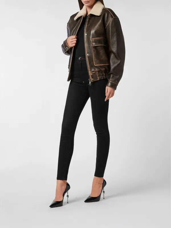 Philipp Plein Distressed Leather Jacket With Fur Collar