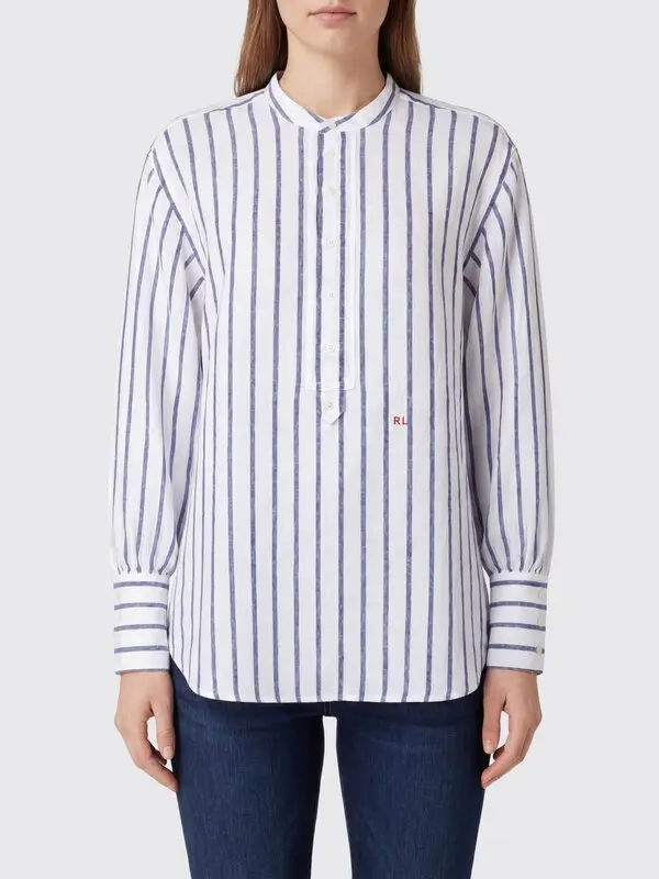 Polo Ralph Lauren Striped Linen Mandarin Collar Shirt - Blue