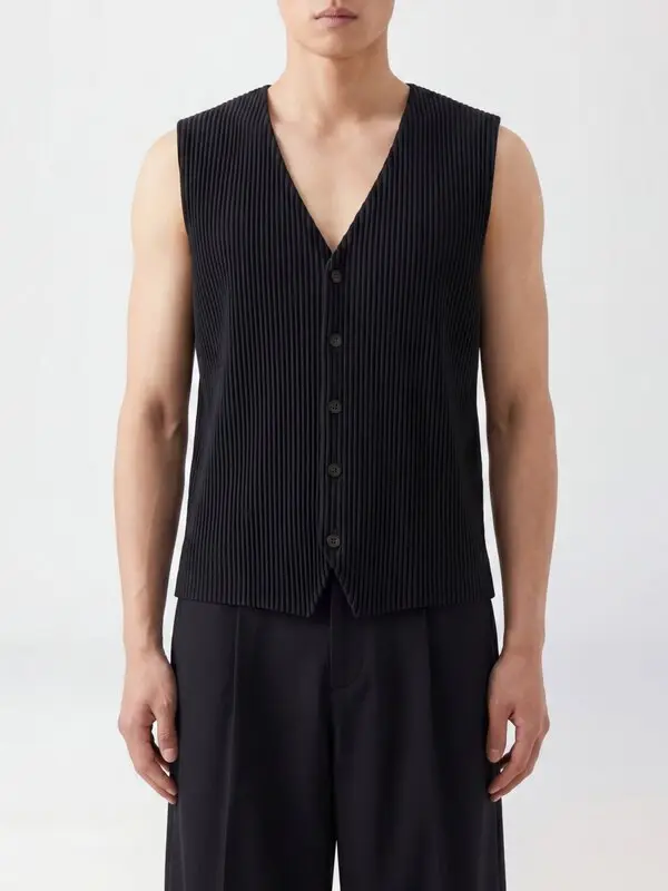 Issey Miyake Homme Plissé Slim Fit Pleated V-neck Tailored Vest - Black
