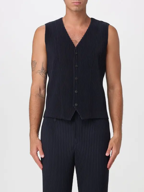 Issey Miyake Homme Plissé Slim Fit Pleated V-neck Tailored Vest - Blue