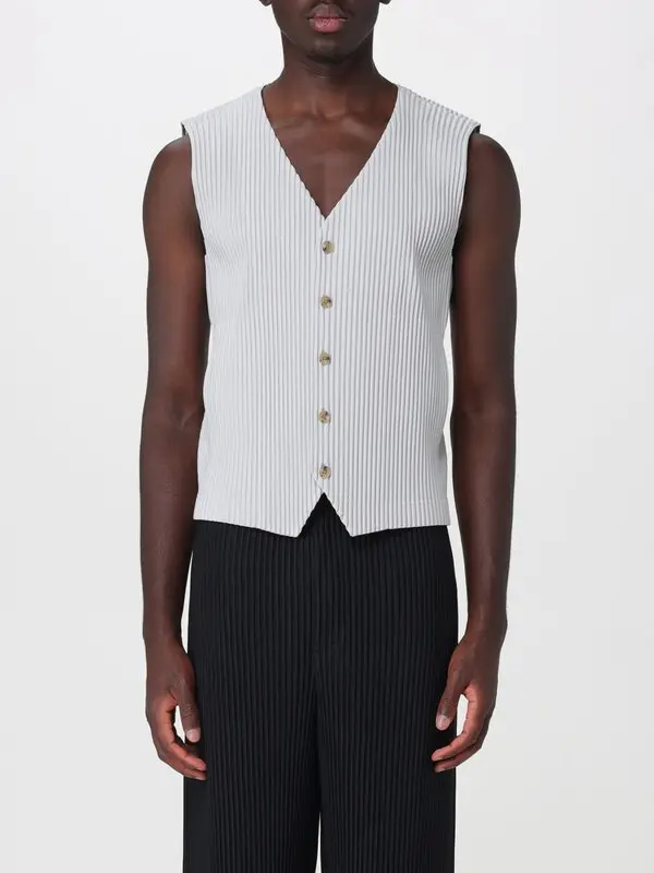 Issey Miyake Homme Plissé Slim Fit Pleated V-neck Tailored Vest - Grey