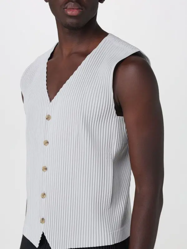 Issey Miyake Homme Plissé Slim Fit Pleated V-neck Tailored Vest - Grey