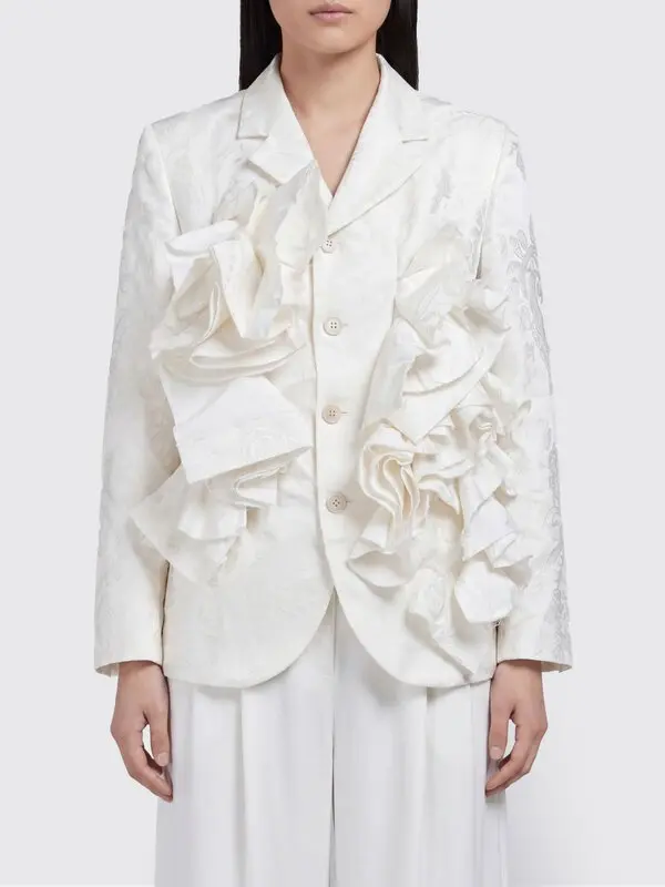Comme Des Garçons Single-breasted Cropped Blazer With Lapels And Embroidery - White