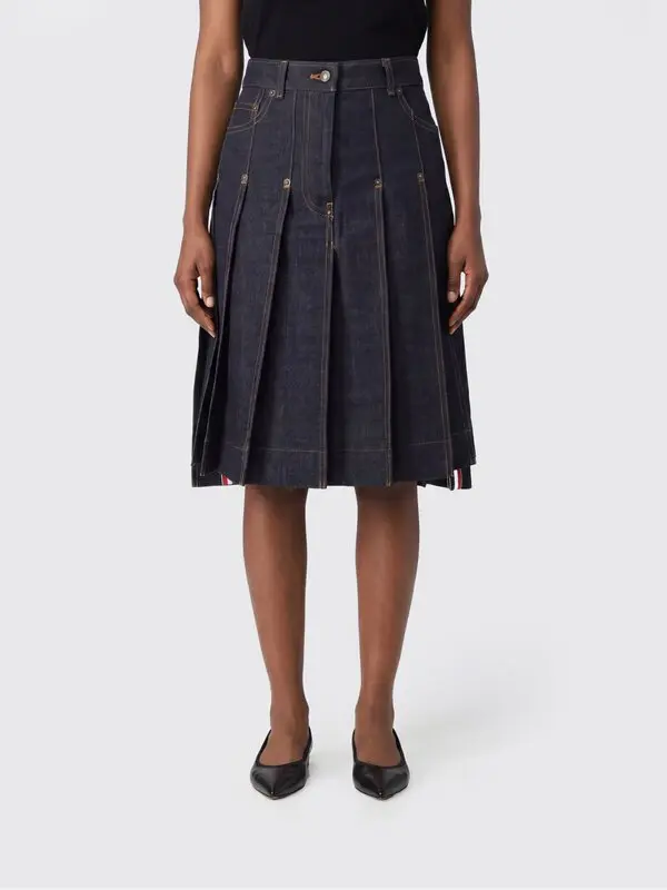 Thom Browne High-waisted Pleated Denim Midi Skirt With Flag Logo Detail