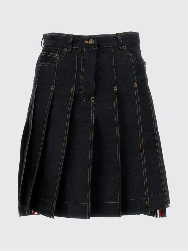 Thom Browne High-waisted Pleated Denim Midi Skirt With Flag Logo Detail