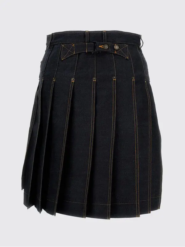 Thom Browne High-waisted Pleated Denim Midi Skirt With Flag Logo Detail