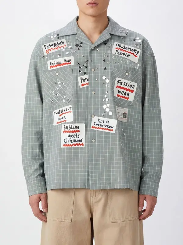 Mihara Yasuhiro Check Cotton Shirt With Cuban Collar And Asymmetric Hem