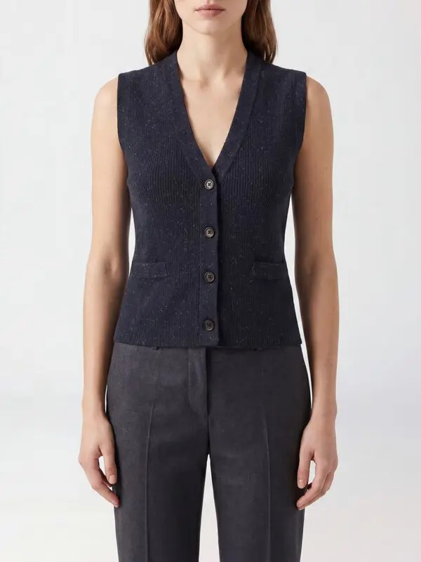 Brunello Cucinelli Slim Fit V-neck Knitted Waistcoat In Cashmere Blend With Lurex - Blue