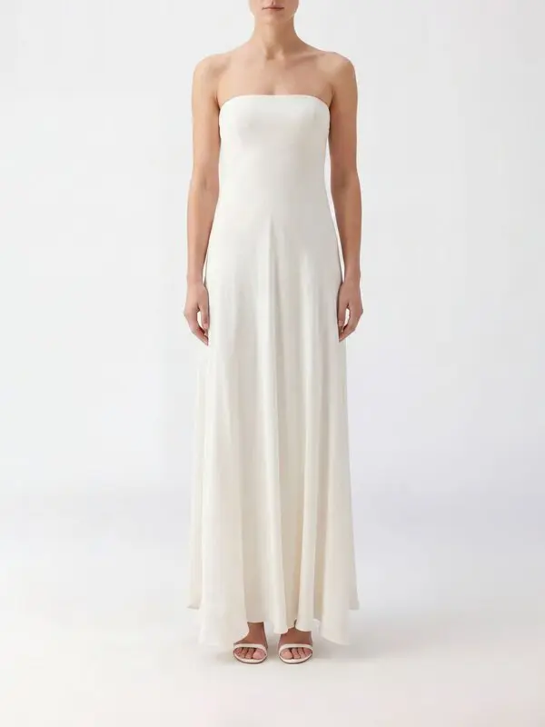 GIOVANNI BEDIN Pure Silk Straight Neckline Off-shoulder Evening Gown - White