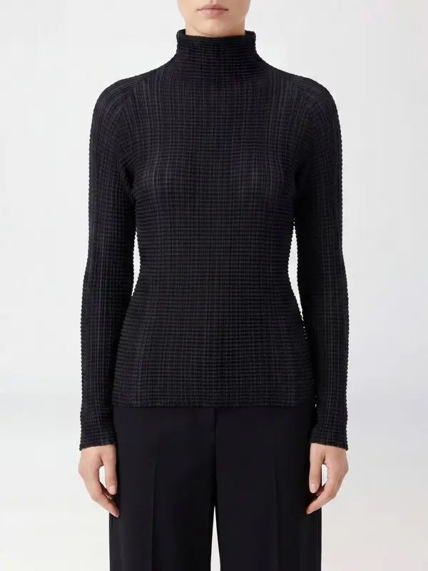Issey Miyake Pleated Slim Fit Polo Neck Long Sleeve Top In Polyester
