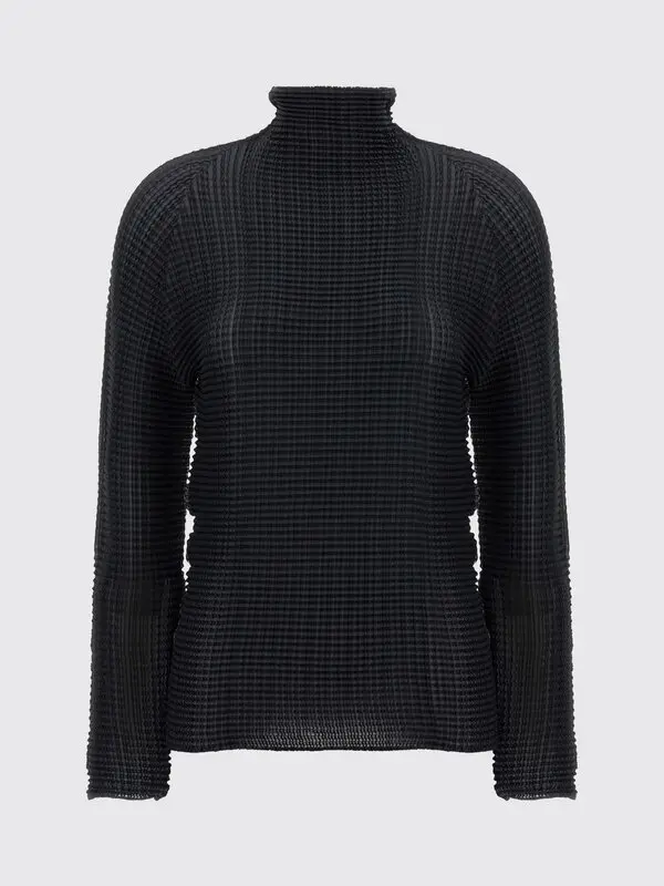 Issey Miyake Pleated Slim Fit Polo Neck Long Sleeve Top In Polyester