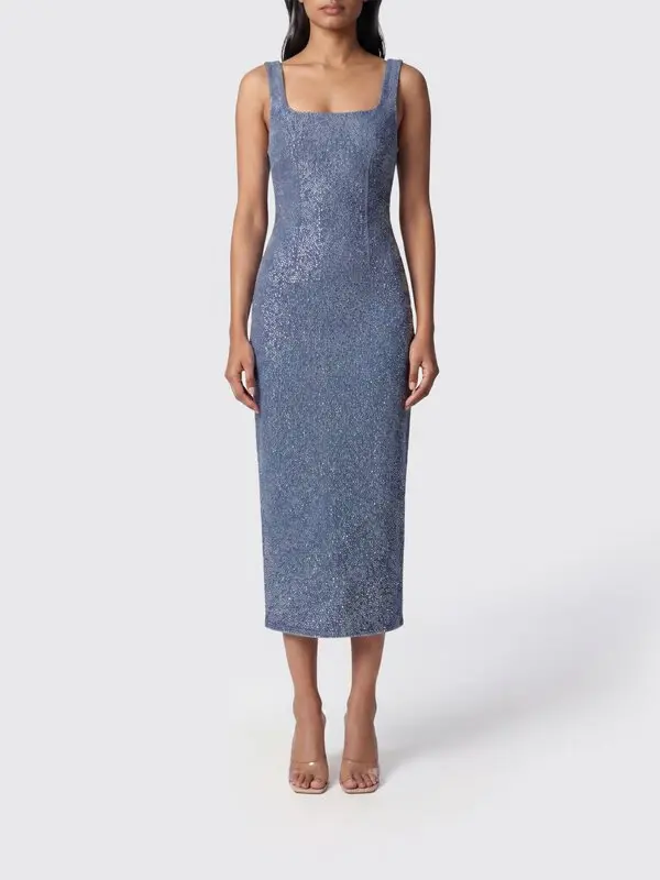 TWENTY FOURHAITCH Midi Sheath Dress With Rhinestones And Square Neckline - Denim