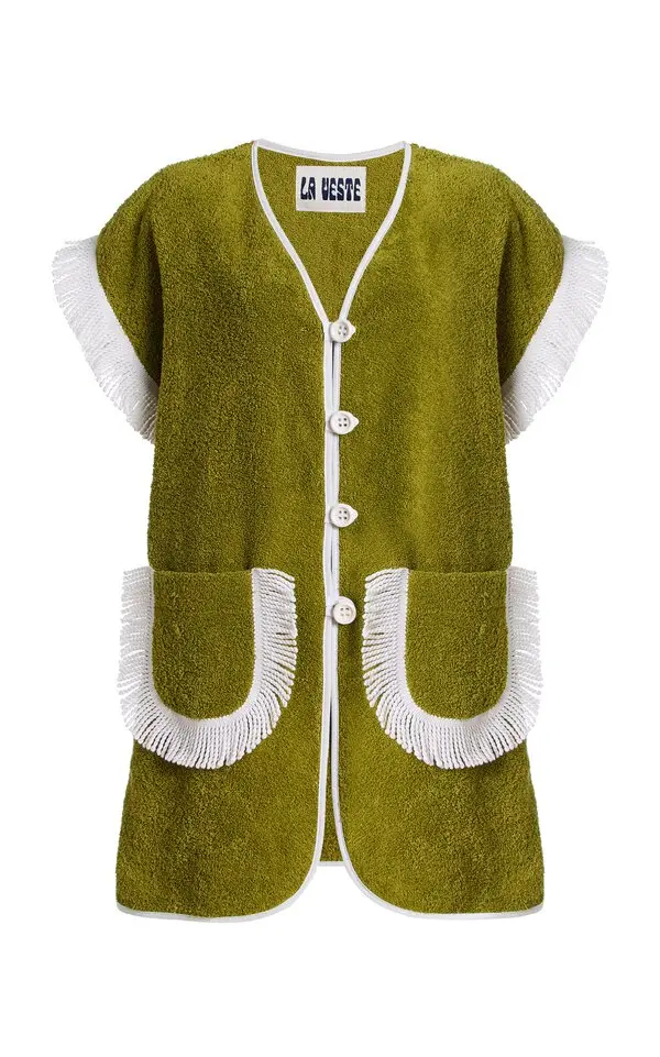 La Veste Pitaya Towel Cotton Mini Dress With Fringe Detail - Green